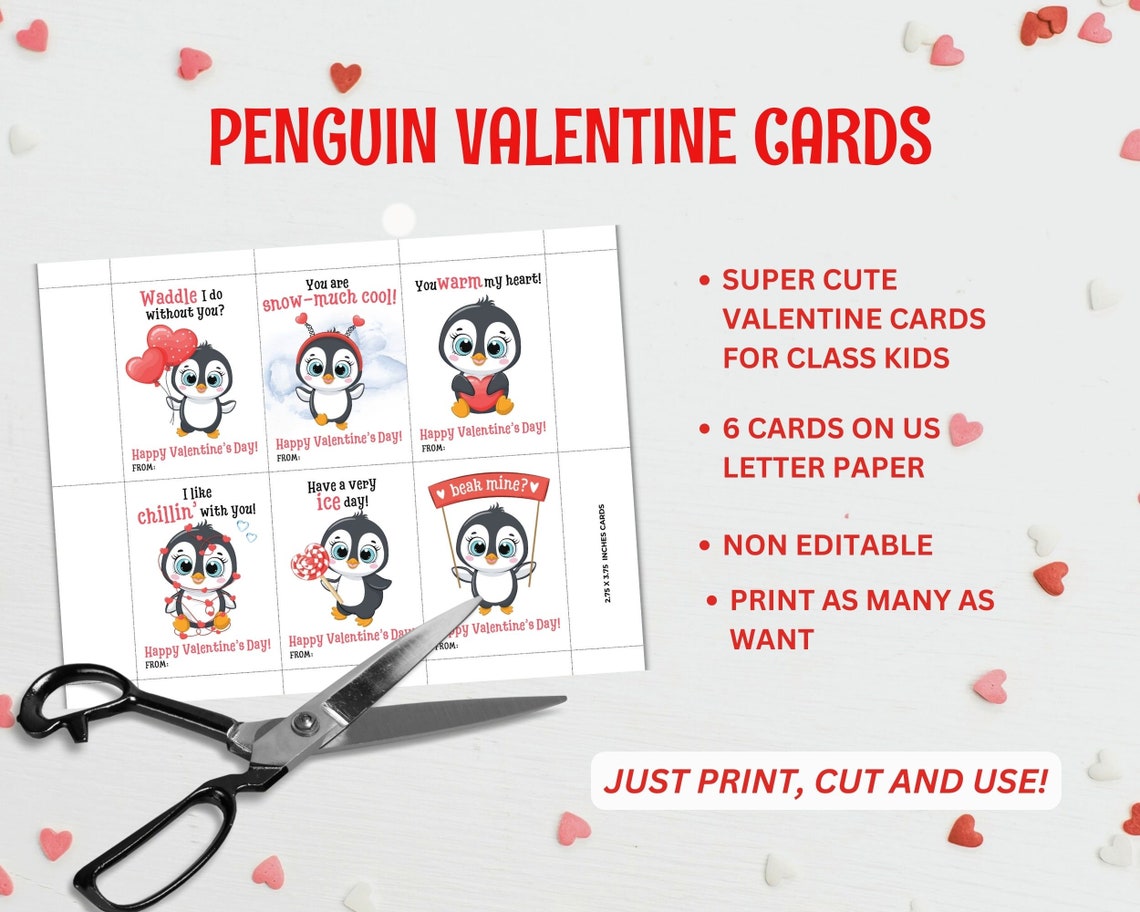Penguin Valentines Card, Printable Valentines Penguin Cards for ...