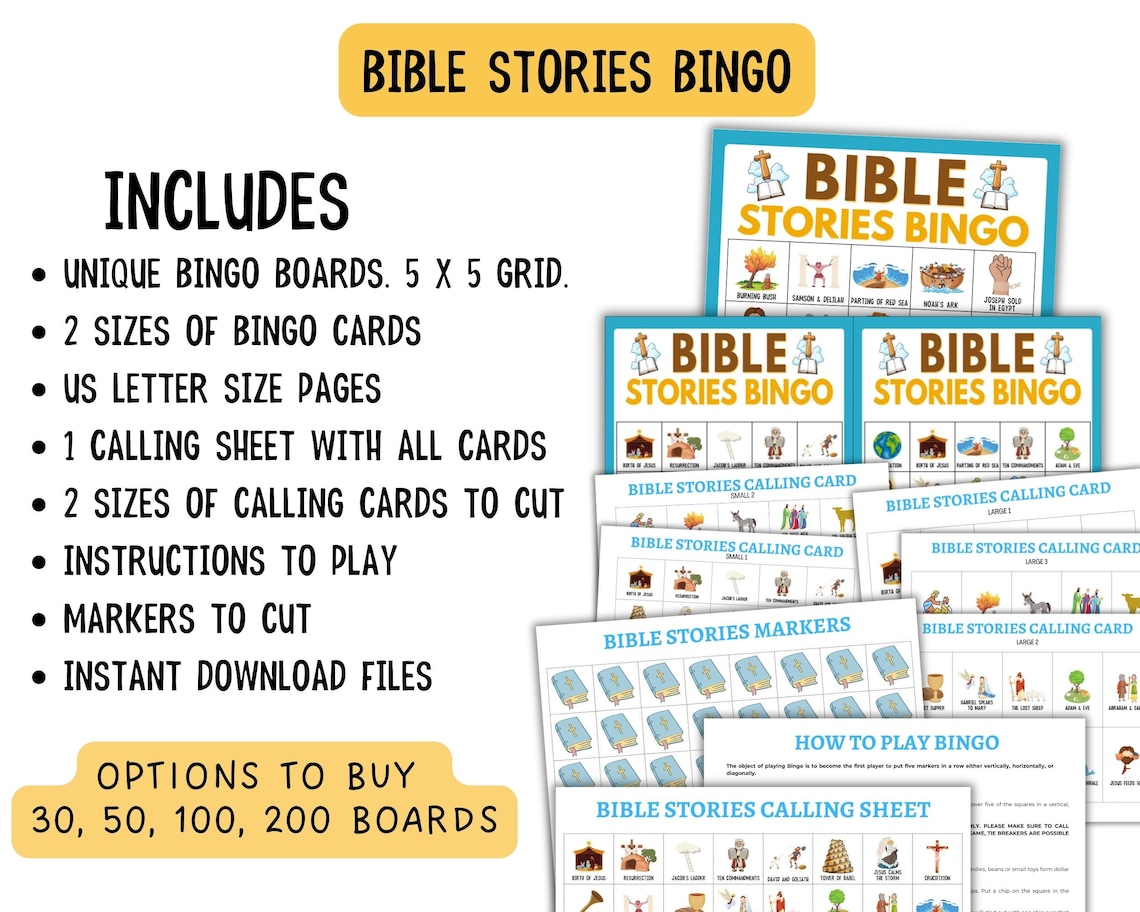 Bible Bingo Game, 30 Bible Stories Bingo Cards, Bible Games for Kids ...