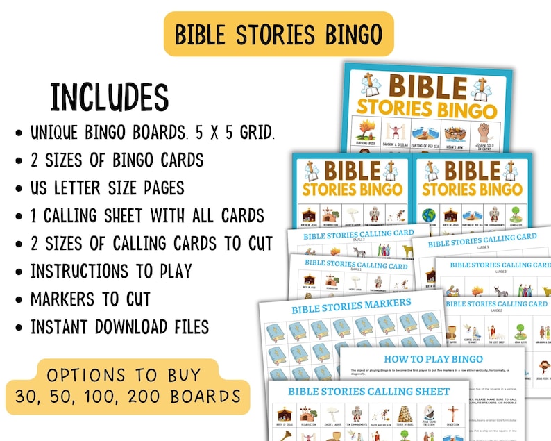 Bible Bingo Game, 30 Bible Stories Bingo Cards, Bible Games for Kids ...