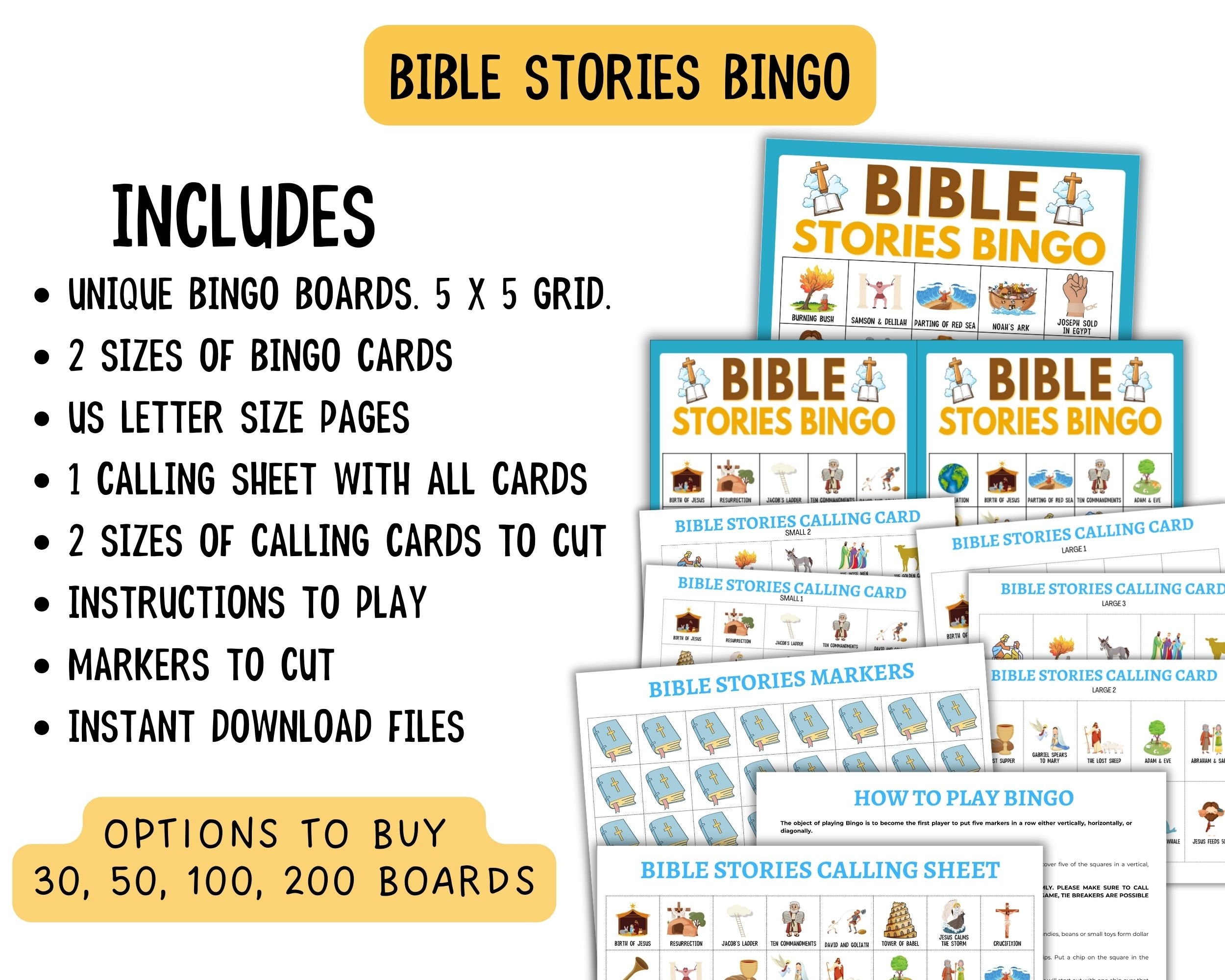 Bible Bingo, Bible Games for Kids Bible Study, 50 Bible Stories Bingo ...