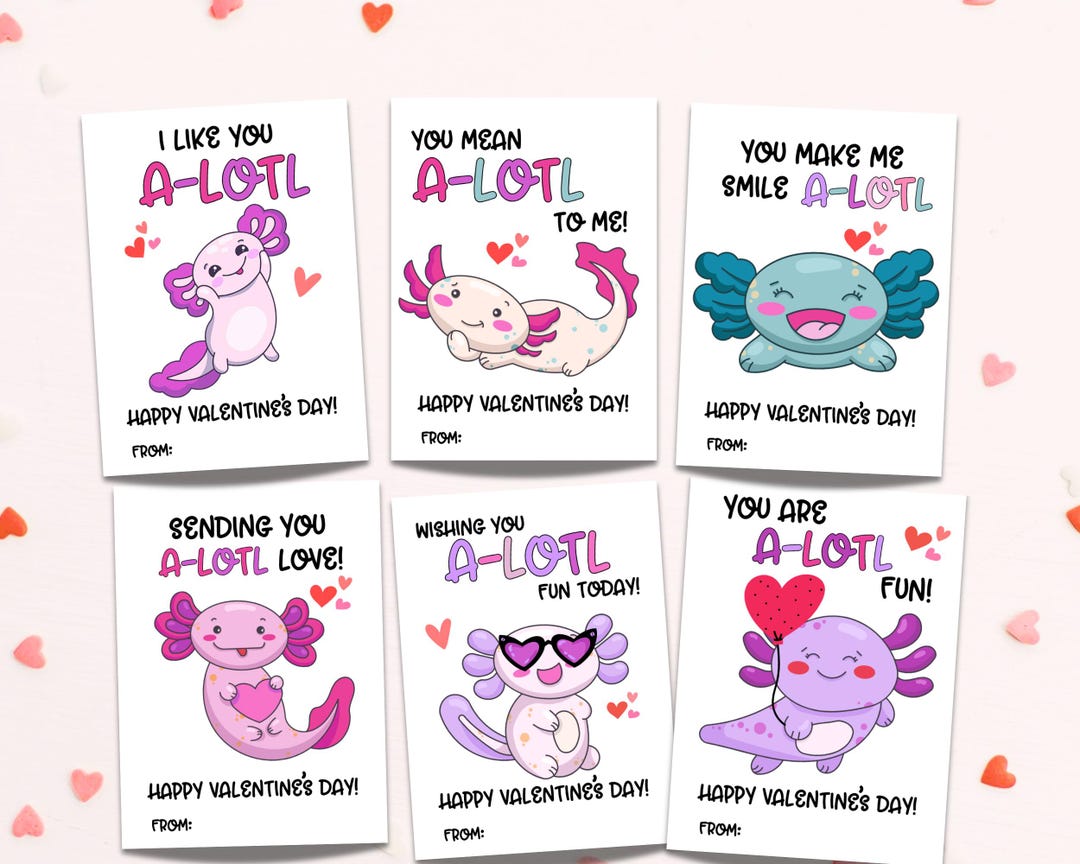 Axolotl Valentines Cards, Kids Classroom Valentines Cards, Printable ...