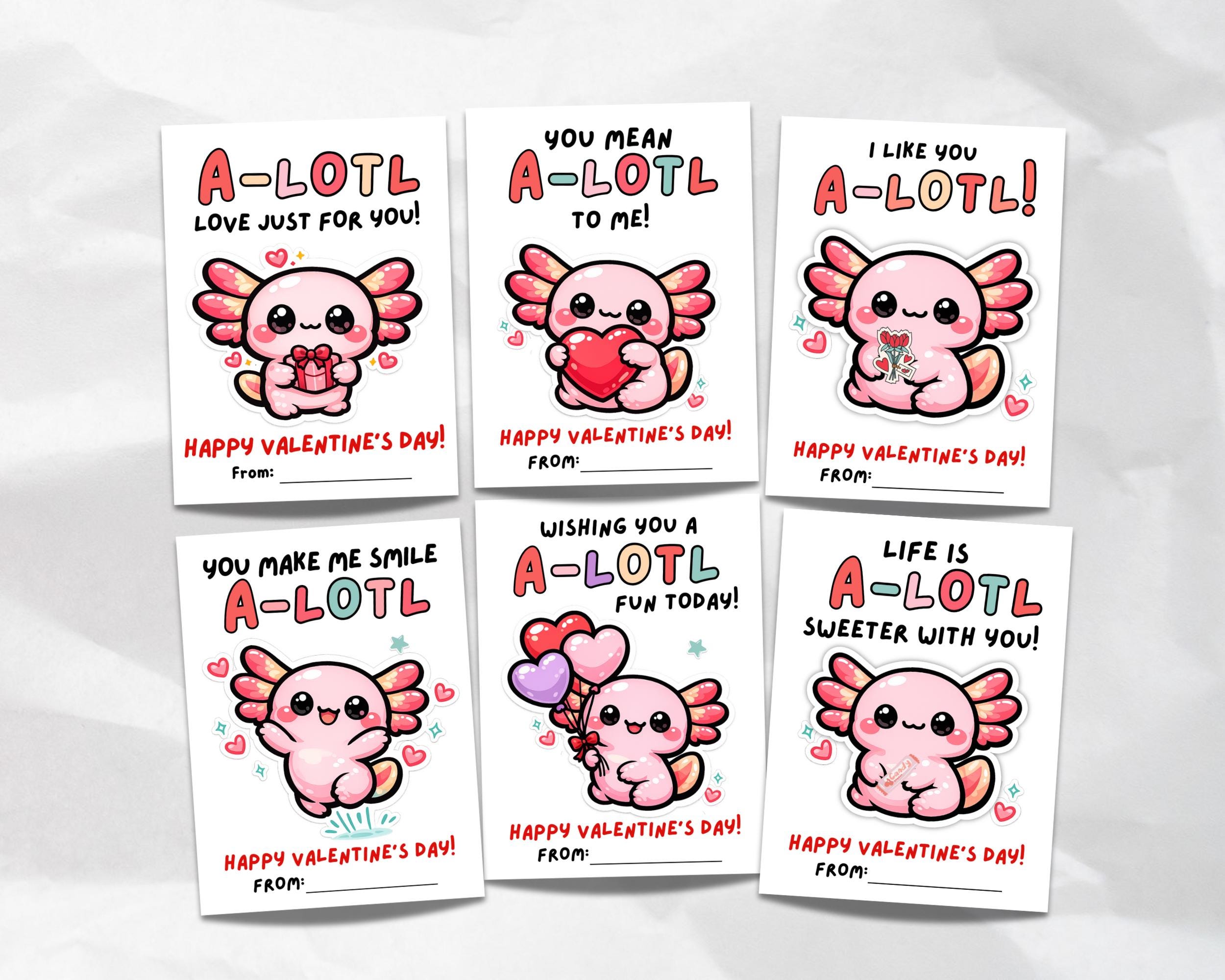 Cute Axolotl Valentine Cards for Kids, Axolotl Classroom Valentines Day ...