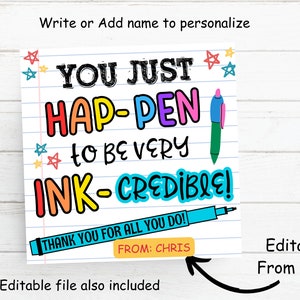 Teacher Appreciation Pen Tag, Ink-credible Pen Gift Tag Printable ...