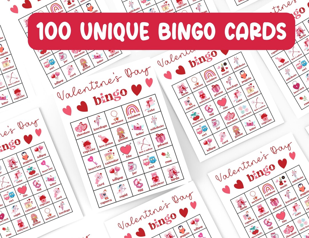 Valentines Day Bingo Game, 100 Printable Valentines Bingo Cards ...