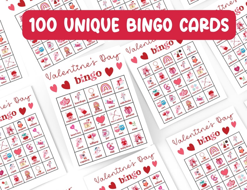 Valentines Day Bingo Game 100 Printable Valentines Bingo - Etsy