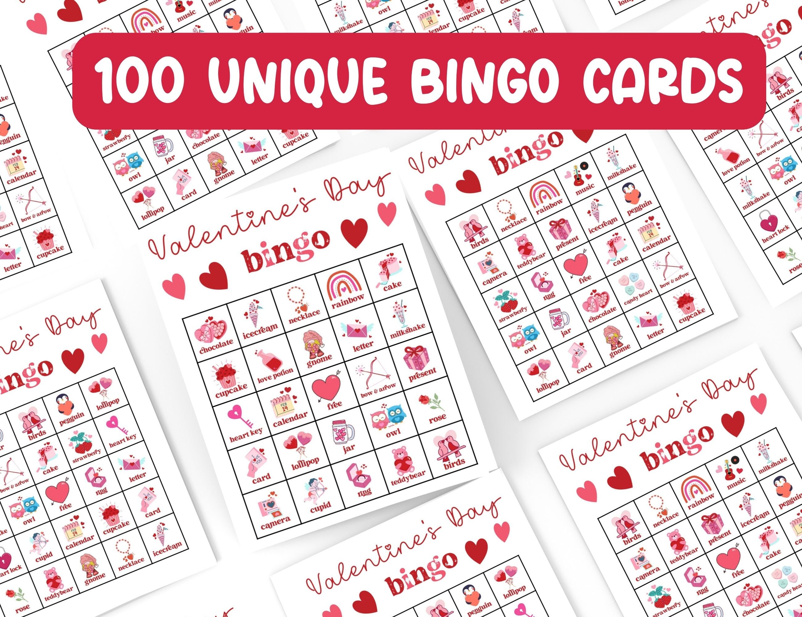 Valentines Day Bingo Game, 100 Printable Valentines Bingo Cards ...