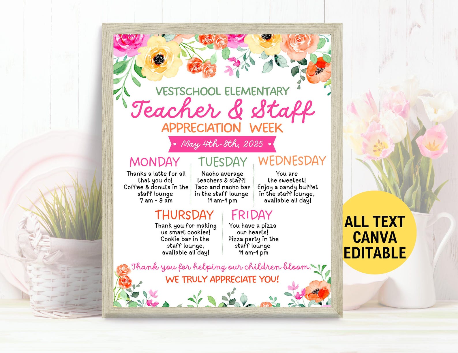 Editable Floral Teacher Appreciation Week Flyer Template, Itinerary ...