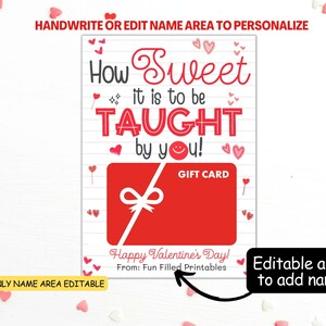Teacher Valentine Gift Card Holder, Printable Valentines Teacher Gift ...