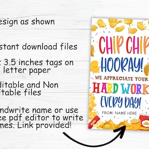 Chip Chip Hooray Tag, Teacher Appreciation Tag Printable Editable ...