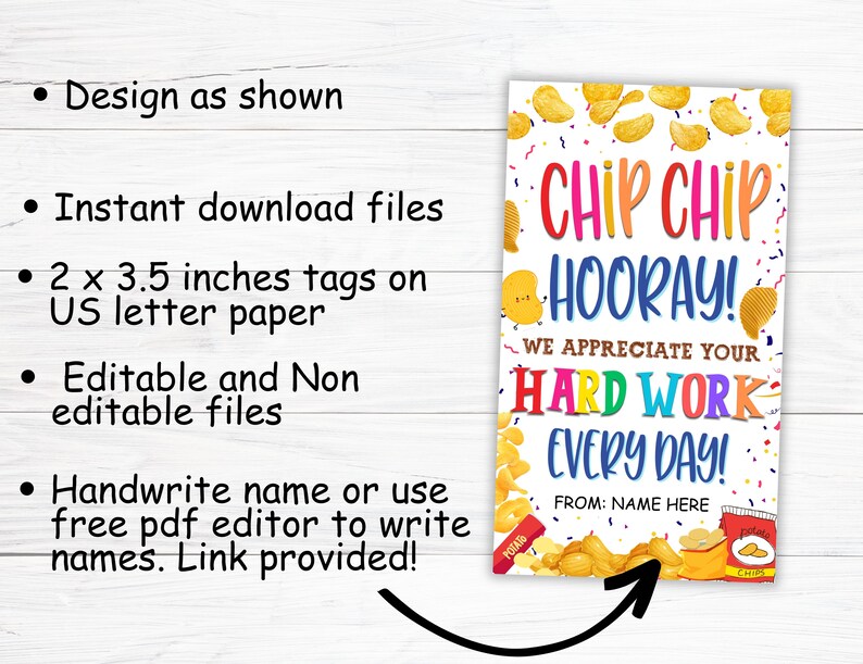 Chip Chip Hooray Tag, Teacher Appreciation Tag Printable Editable ...