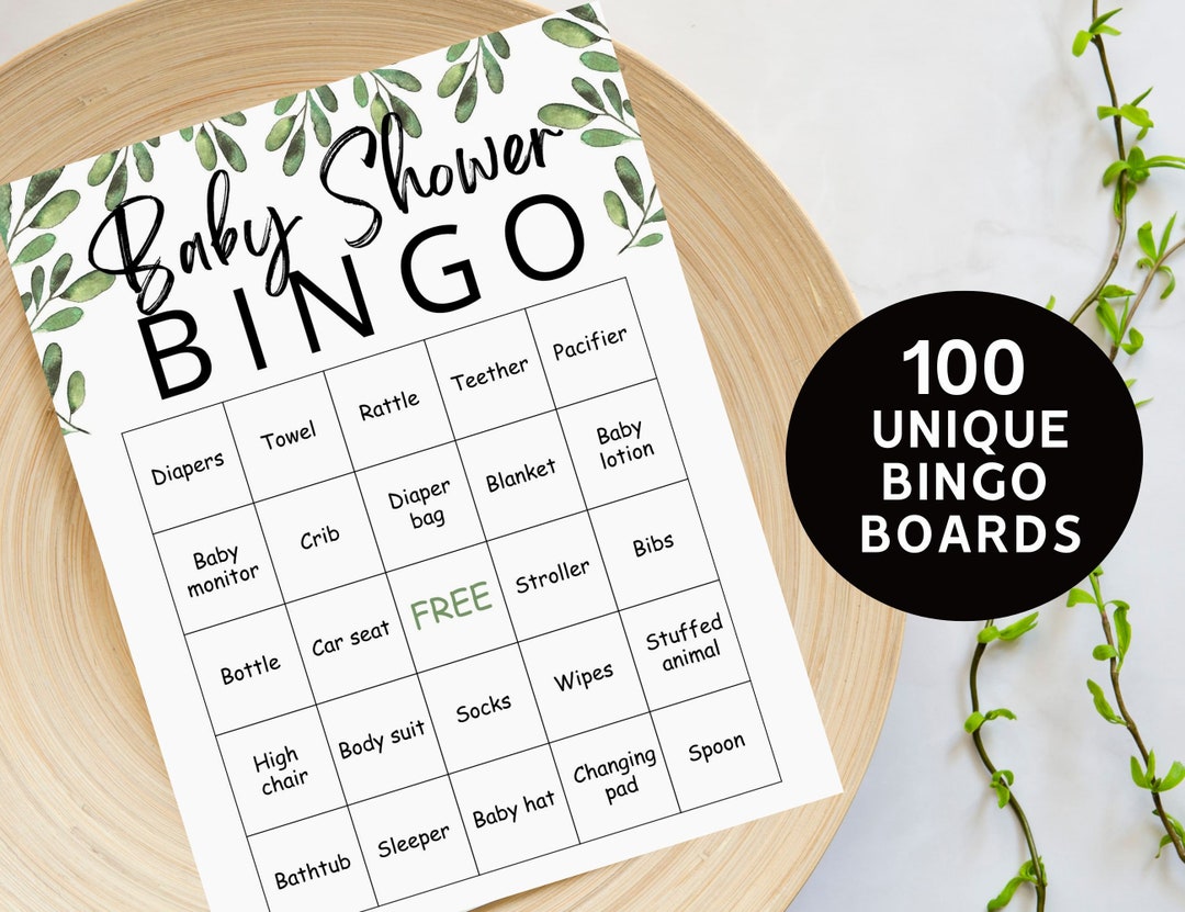 100 Prefilled Baby Shower Bingo Cards, Baby Bingo Game Greenery Baby ...