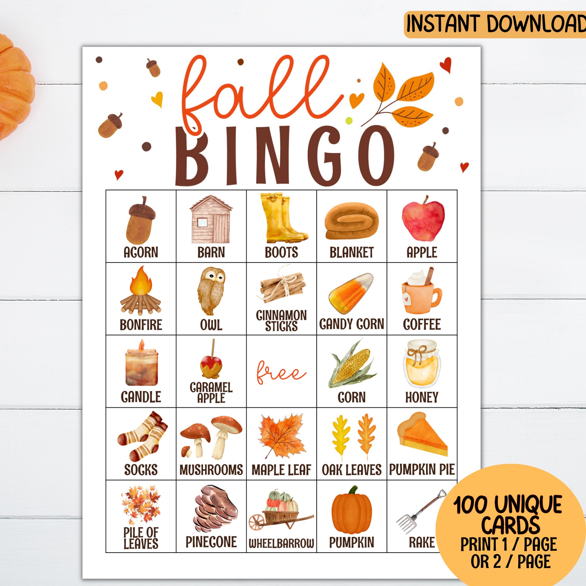 Fall Bingo 100 Cards, Fall Party Games Activity, Fall Games, Autumn ...