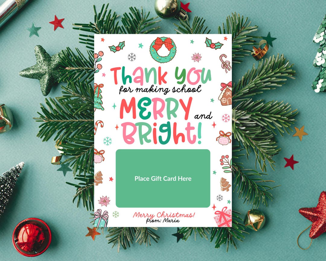 Merry and Bright Teacher Gift Card Holder, Printable Teacher Christmas ...
