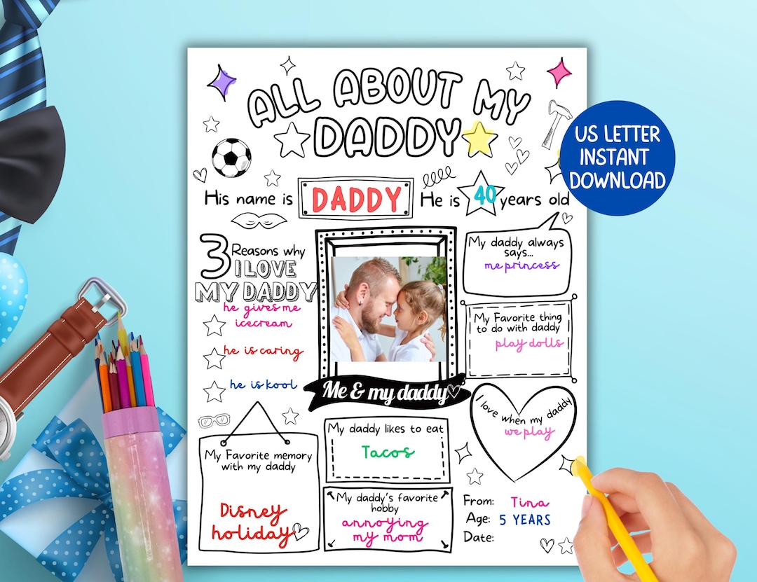 All About My Daddy Printable Fathers Day Questionnaire DIY Gift From ...