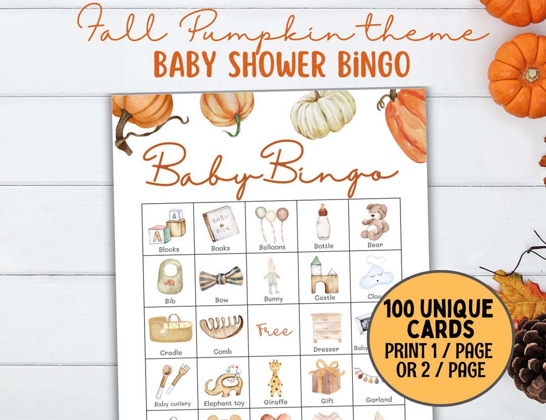Pumpkin Baby Bingo, Fall Baby Shower Bingo Cards 100, Fall Baby Shower ...