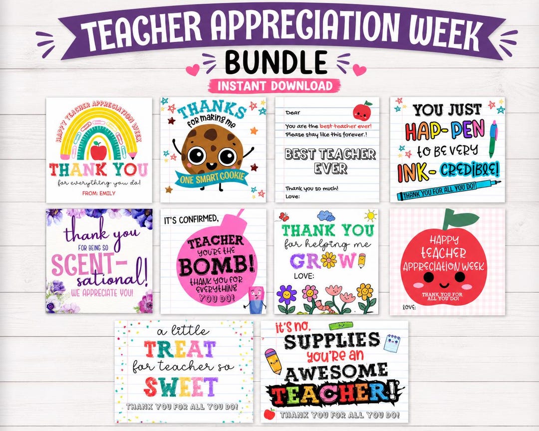 Teacher Appreciation Week Gifts Tag Printable Bundle, Teachers Thank ...