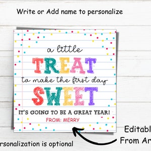 First Day of School Treat Tag, Back to School Treat Tag, Teacher Treats ...