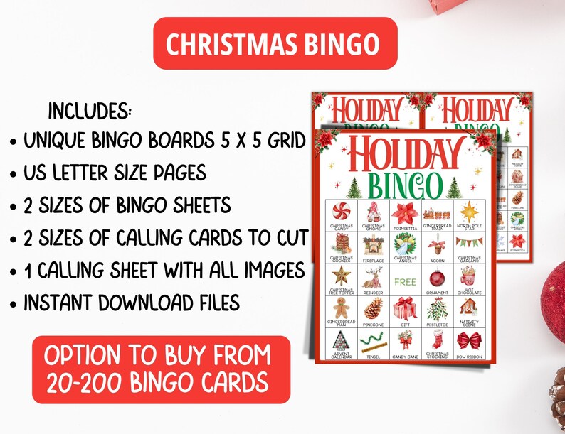200 Holiday Bingo Cards, Holiday Party Game, Printable Christmas Bingo ...