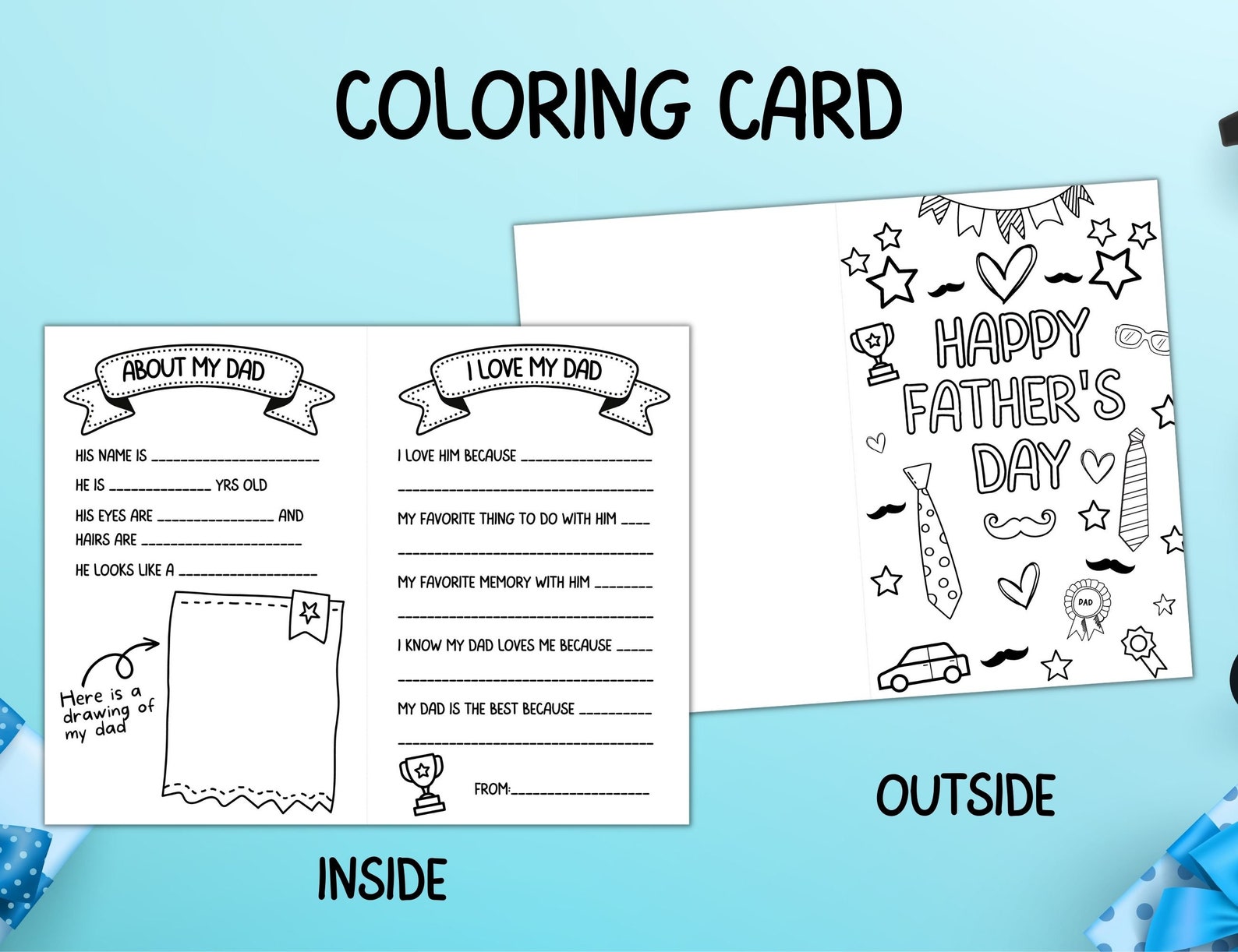 Printable Father's Day Coloring Card, All About Dad Fill in the Blank ...