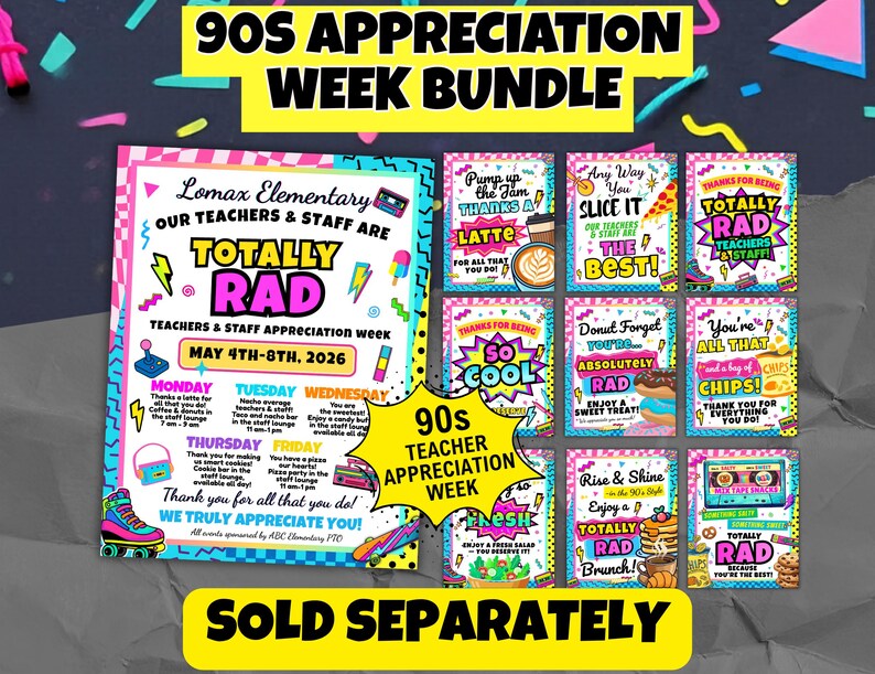 90s Teacher Appreciation Week Sign Bundle, Retro 90s Theme Staff ...