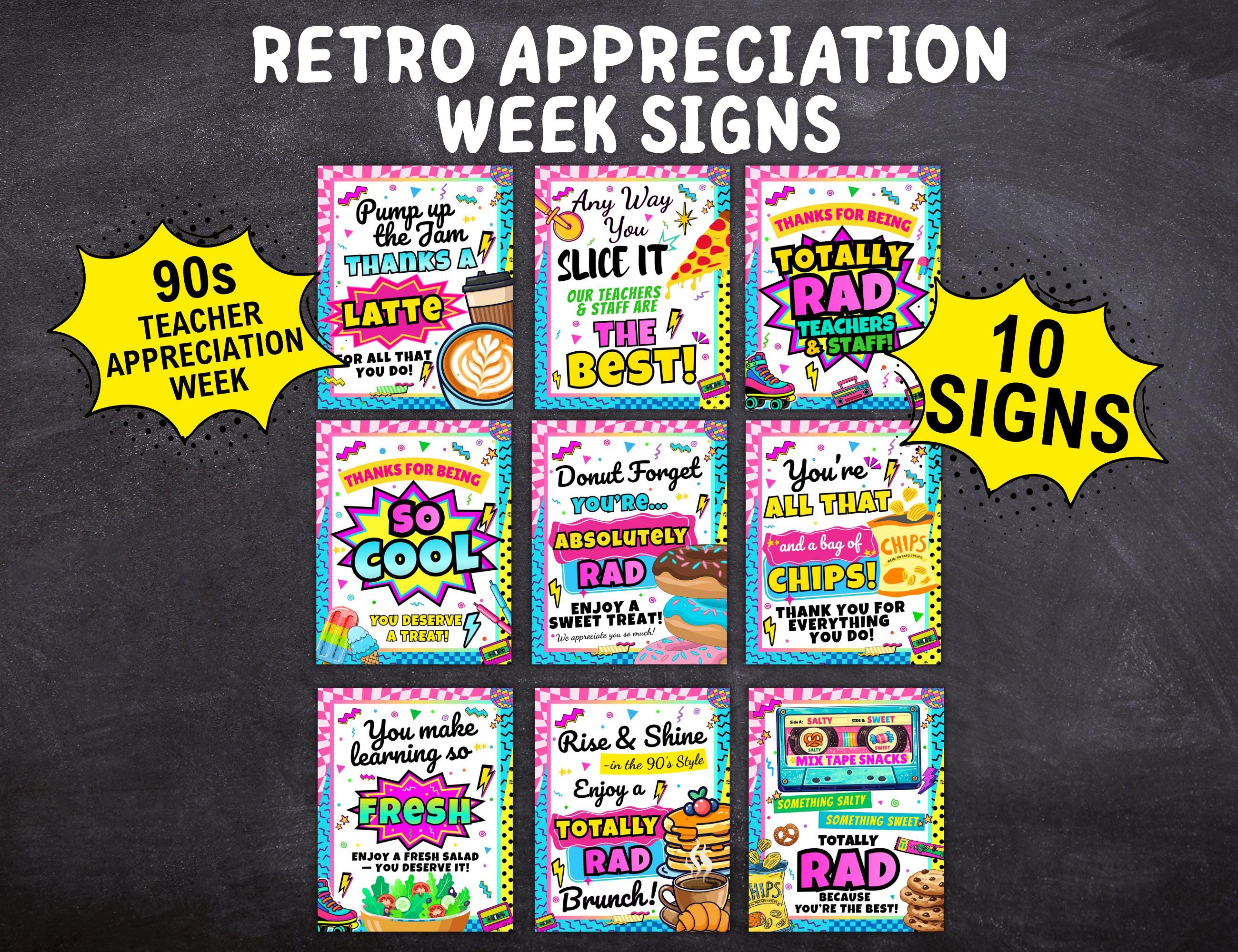 90s Teacher Appreciation Week Theme Signs Bundle, Retro 90s Staff ...