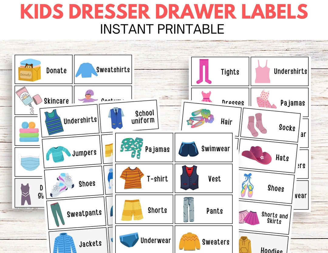 50 Kids Dresser Drawer Labels, Printable Kids Closet Storage Stickers ...