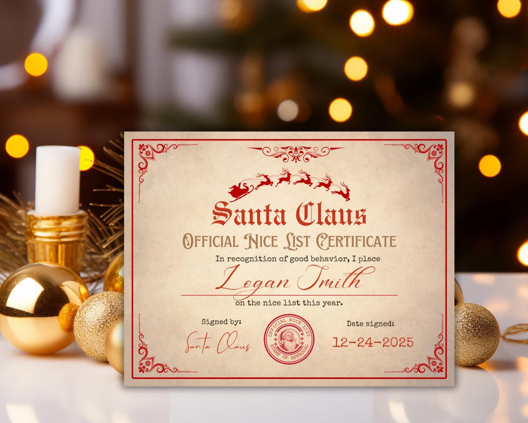 EDITABLE Nice List Certificate, Printable Santa Official Nice List ...