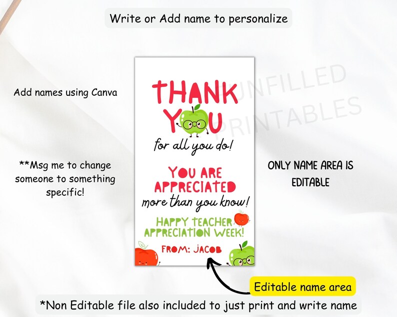Apple Teacher Appreciation Week Gift Tag, Thank You Teacher Tag, Cute ...