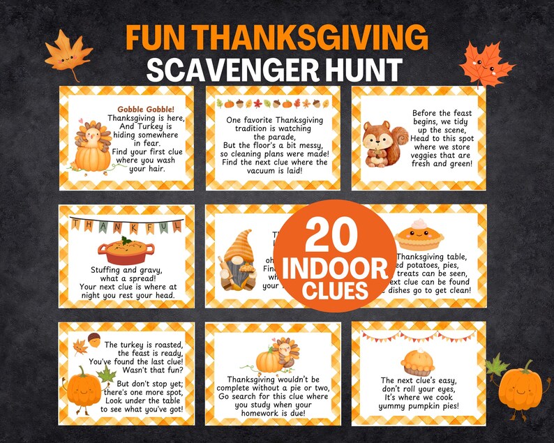 Thanksgiving Scavenger Hunt, Indoor Treasure Hunt Riddles Clue ...
