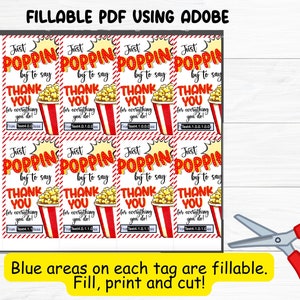 Popcorn Gift Tag, Popcorn Appreciation Tag, Poppin by to Say Thank You ...