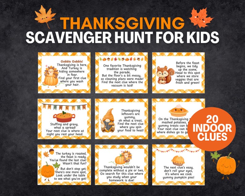 Thanksgiving Scavenger Hunt, Indoor Treasure Hunt Riddles Clue ...