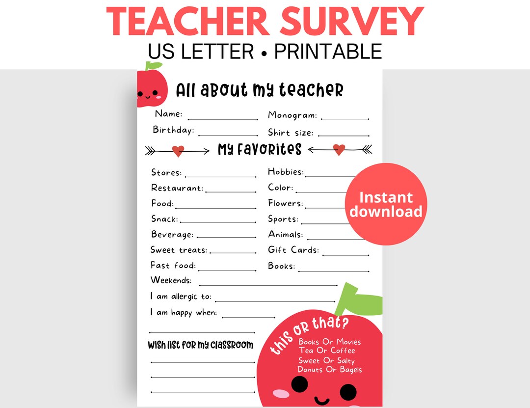 All About Teacher Favorites Survey, Appreciation Gift Survey, Get to ...