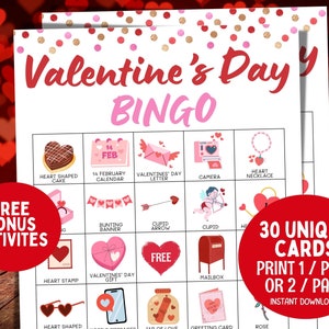 30 Valentine Bingo Cards, Printable Valentines Day Bingo, Family Kids ...