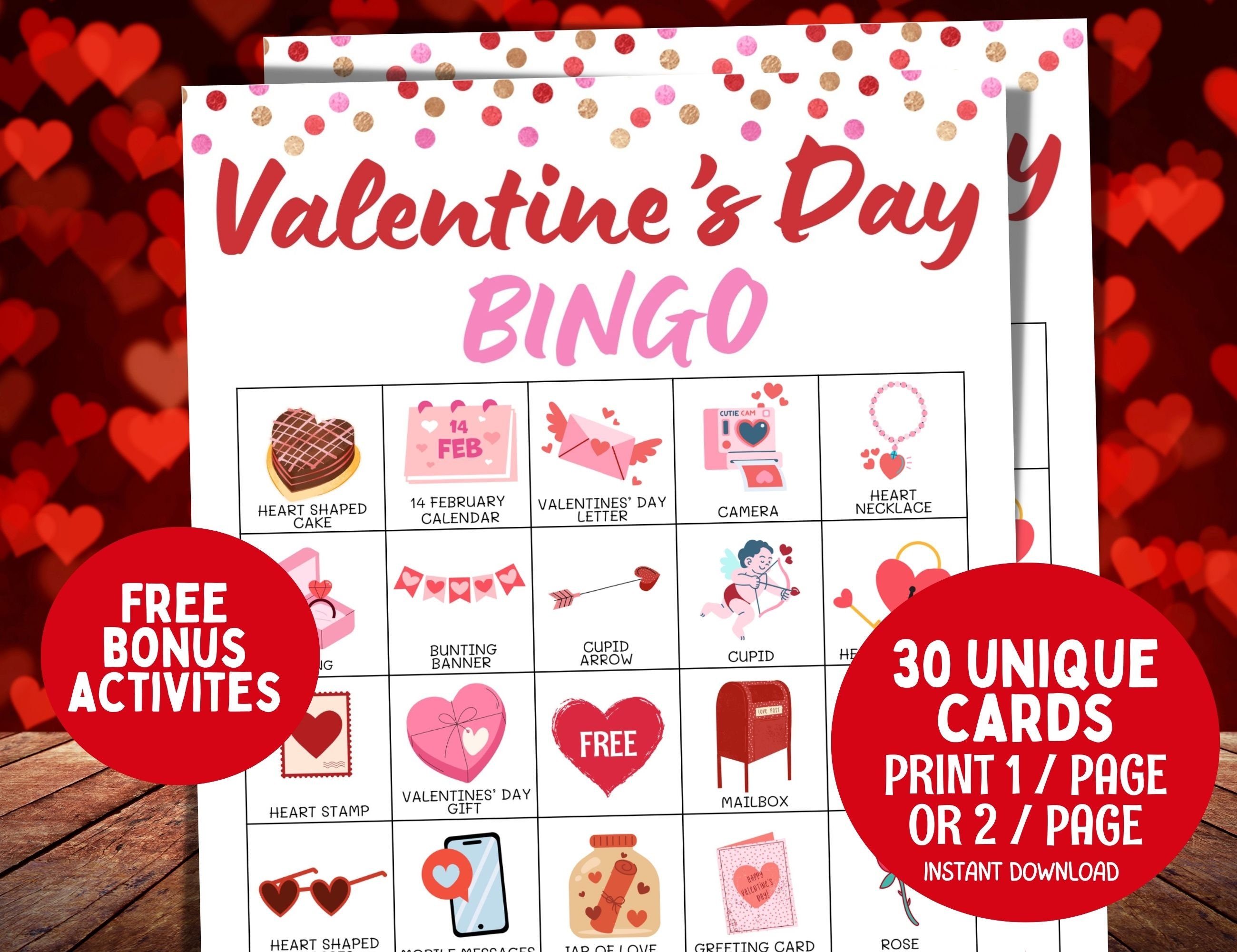 30 Valentine Bingo Cards, Printable Valentines Day Bingo, Family Kids ...