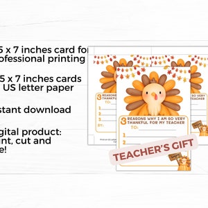 Printable Teacher Thanksgiving Card, Kids Thanksgiving Teacher Gift ...