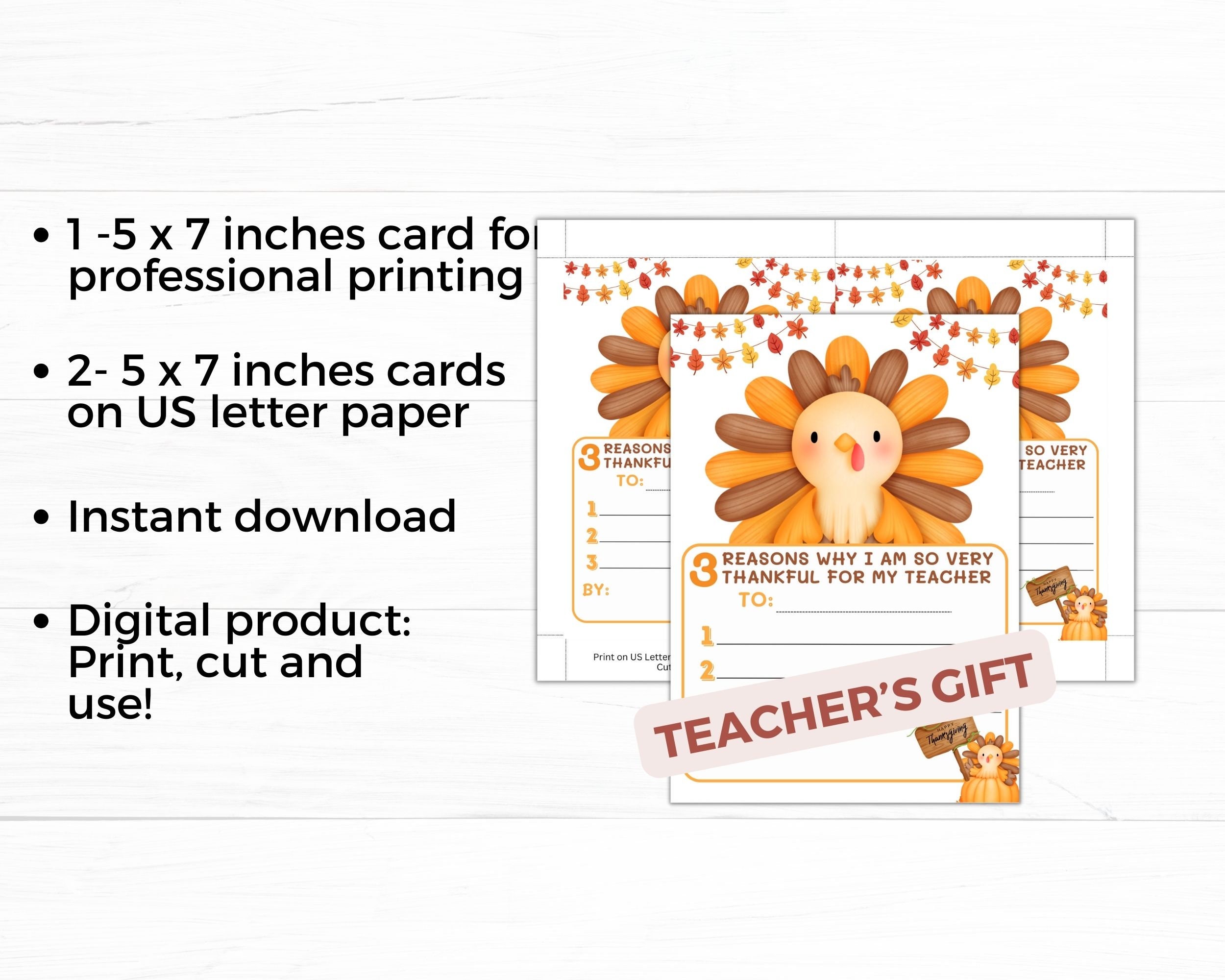Printable Teacher Thanksgiving Card, Kids Thanksgiving Teacher Gift ...