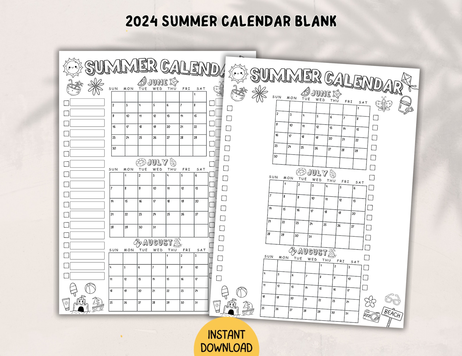 Printable Summer Calendar Poster 2024, Summer Bucket List, Coloring ...