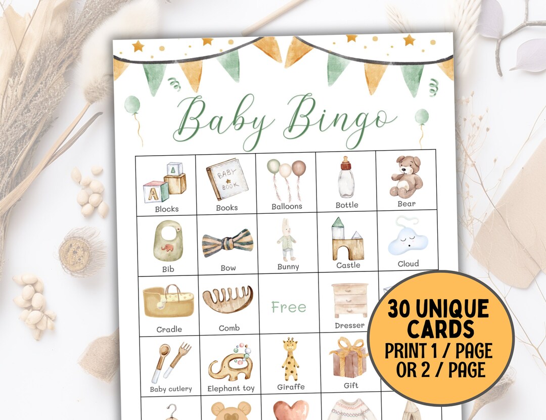 Baby Shower Bingo, Neutral Fun Baby Shower Games Bingo, 30 Prefilled ...
