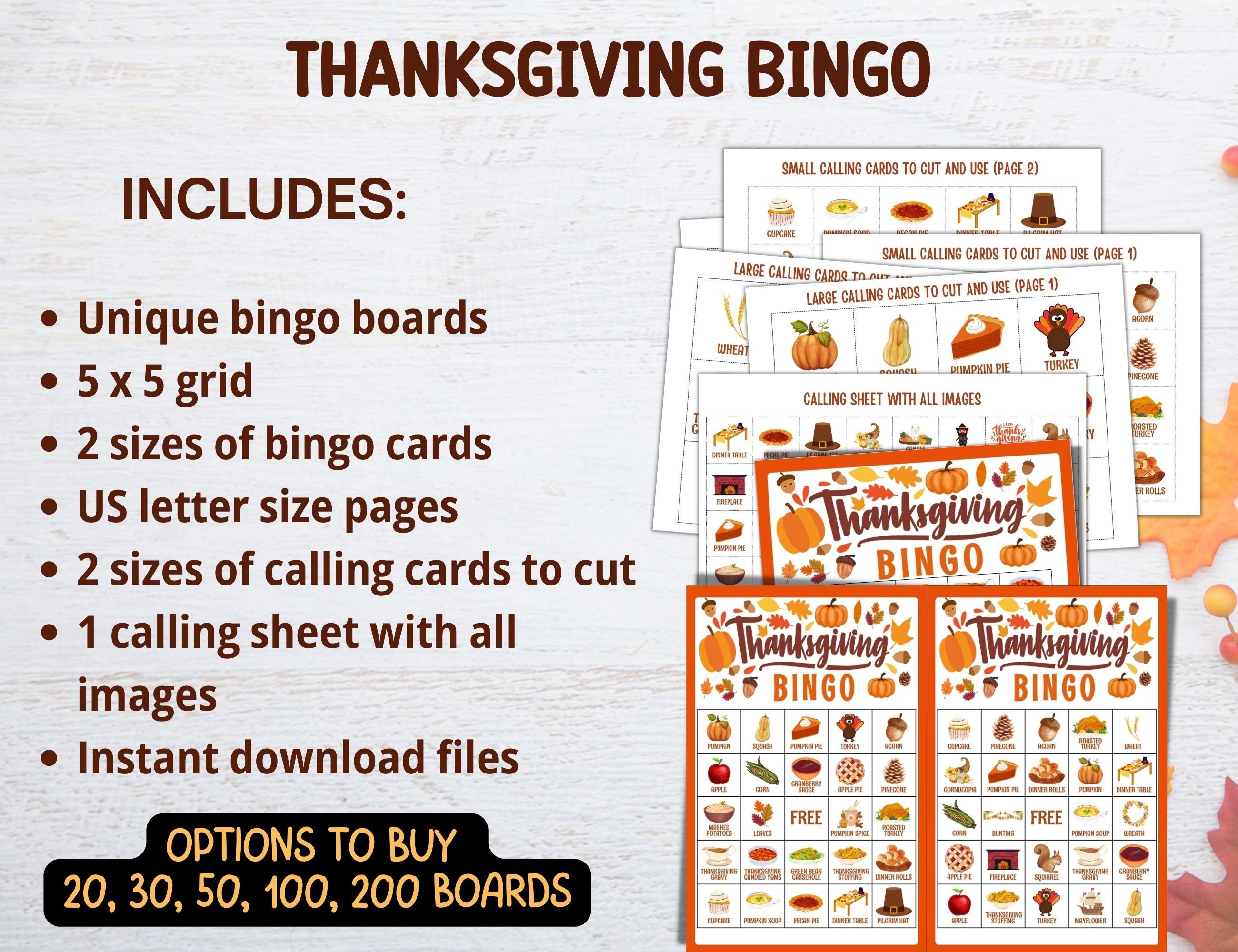 30 Thanksgiving Bingo Cards, Printable Thanksgiving Games for Kids ...