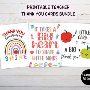 Thank You Teacher Cards, Teacher Appreciation Printable Card Bundle ...