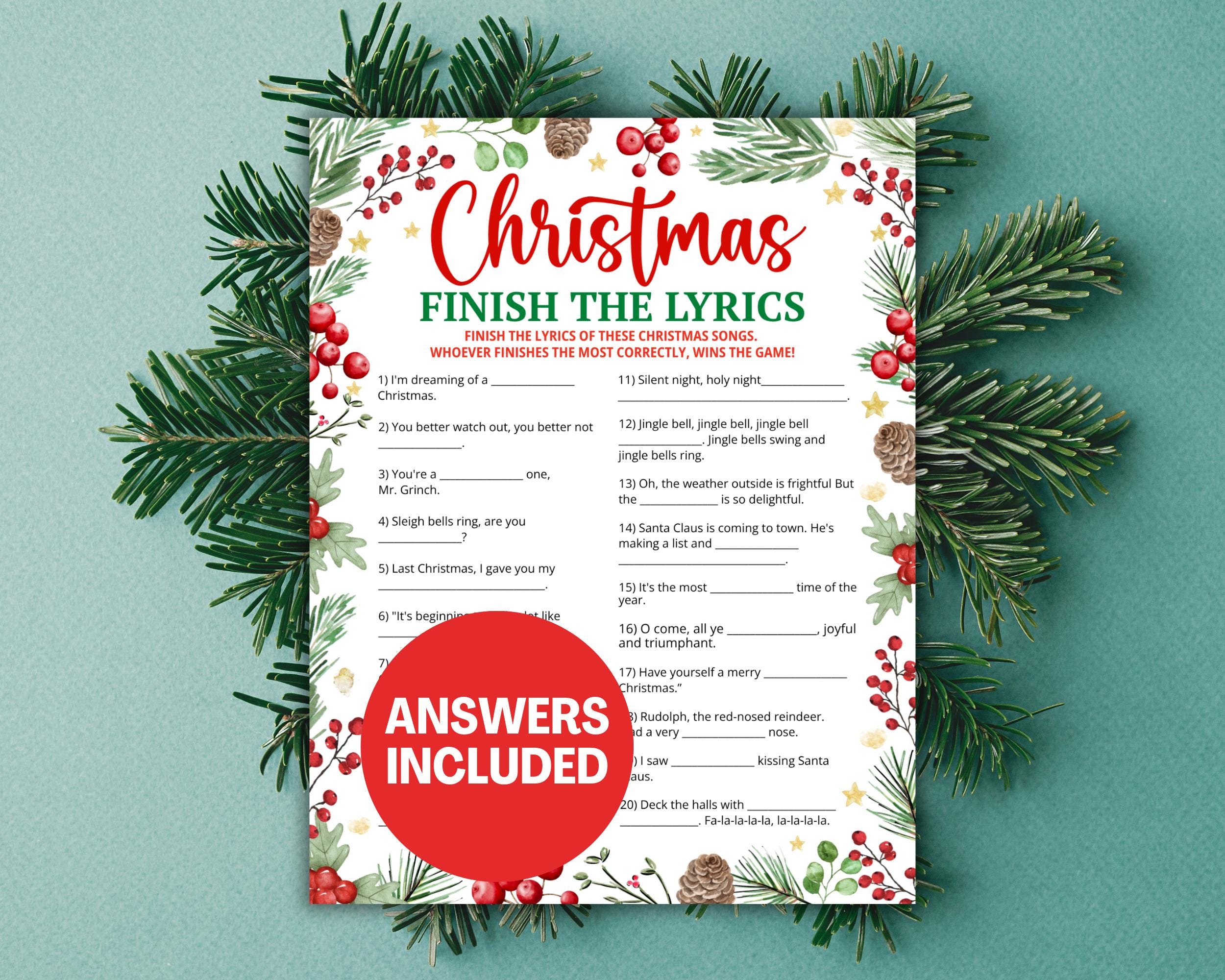 Christmas Finish the Lyrics Game, Christmas Song Game/ Carol Game ...