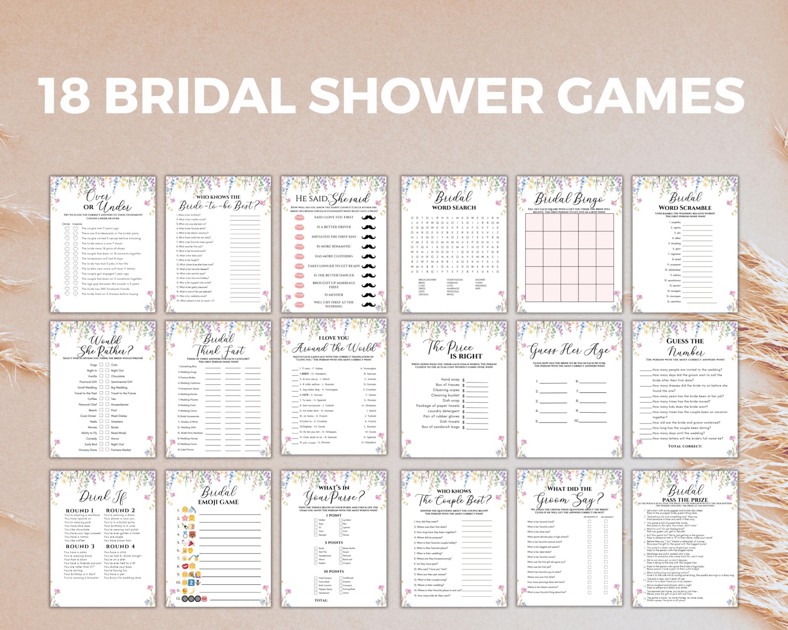 Floral Bridal Shower Games Printable Wildflower Bridal Shower Games ...