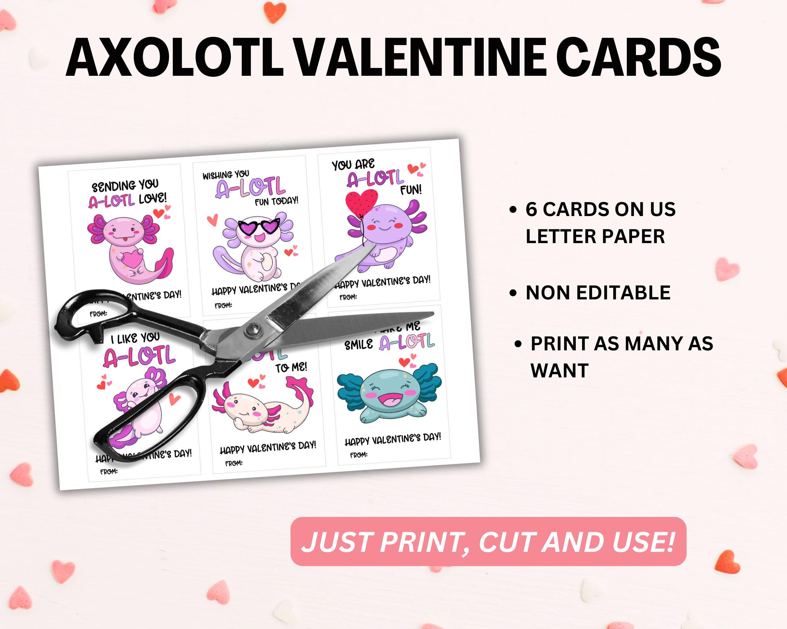 Axolotl Valentines Cards, Kids Classroom Valentines Cards, Printable ...