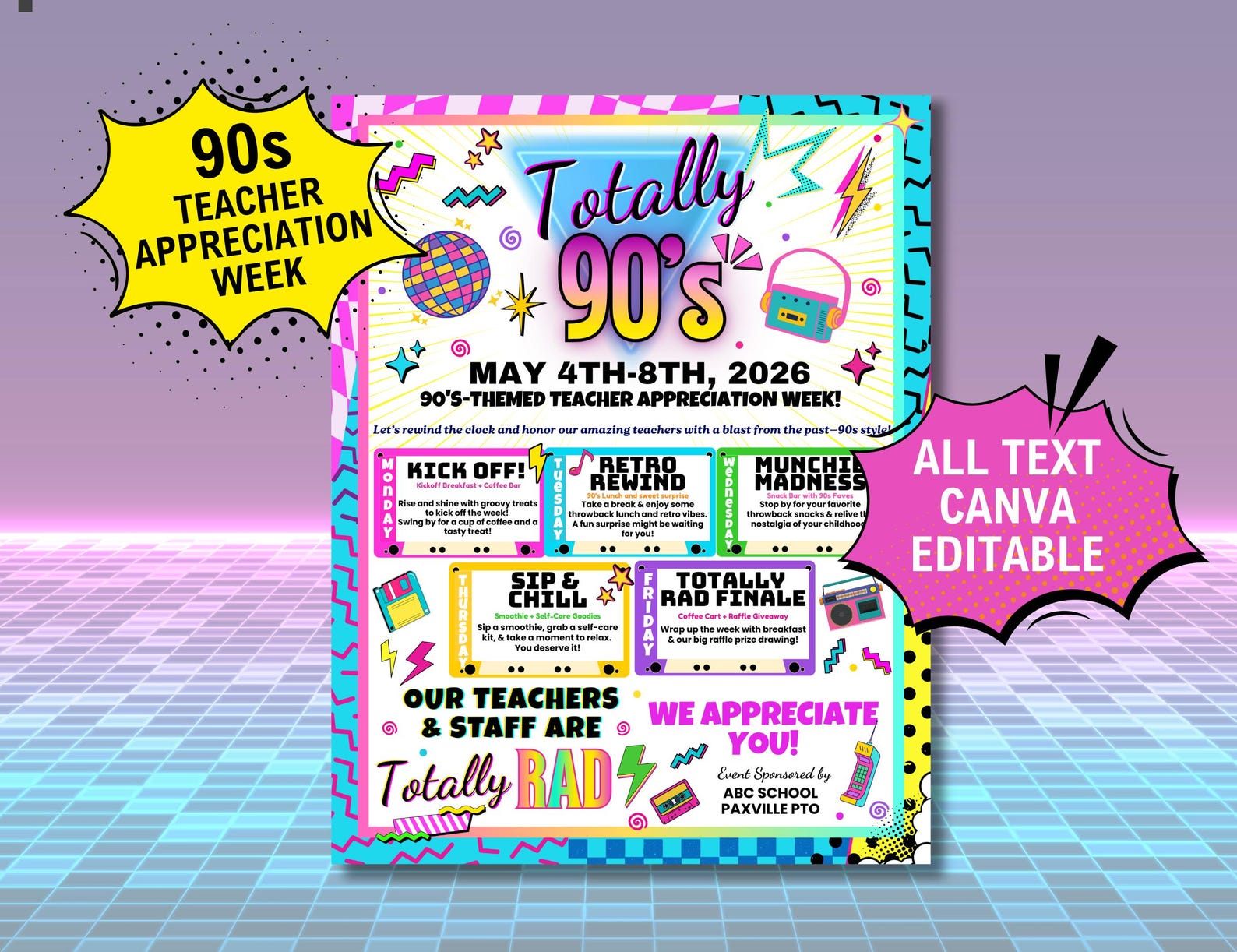 Retro 90s Theme Teacher Appreciation Week Flyer Template Canva Editable ...