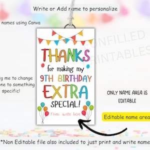 Kids Birthday Favor Tag Printable, Birthday Thank You Tag, Birthday ...
