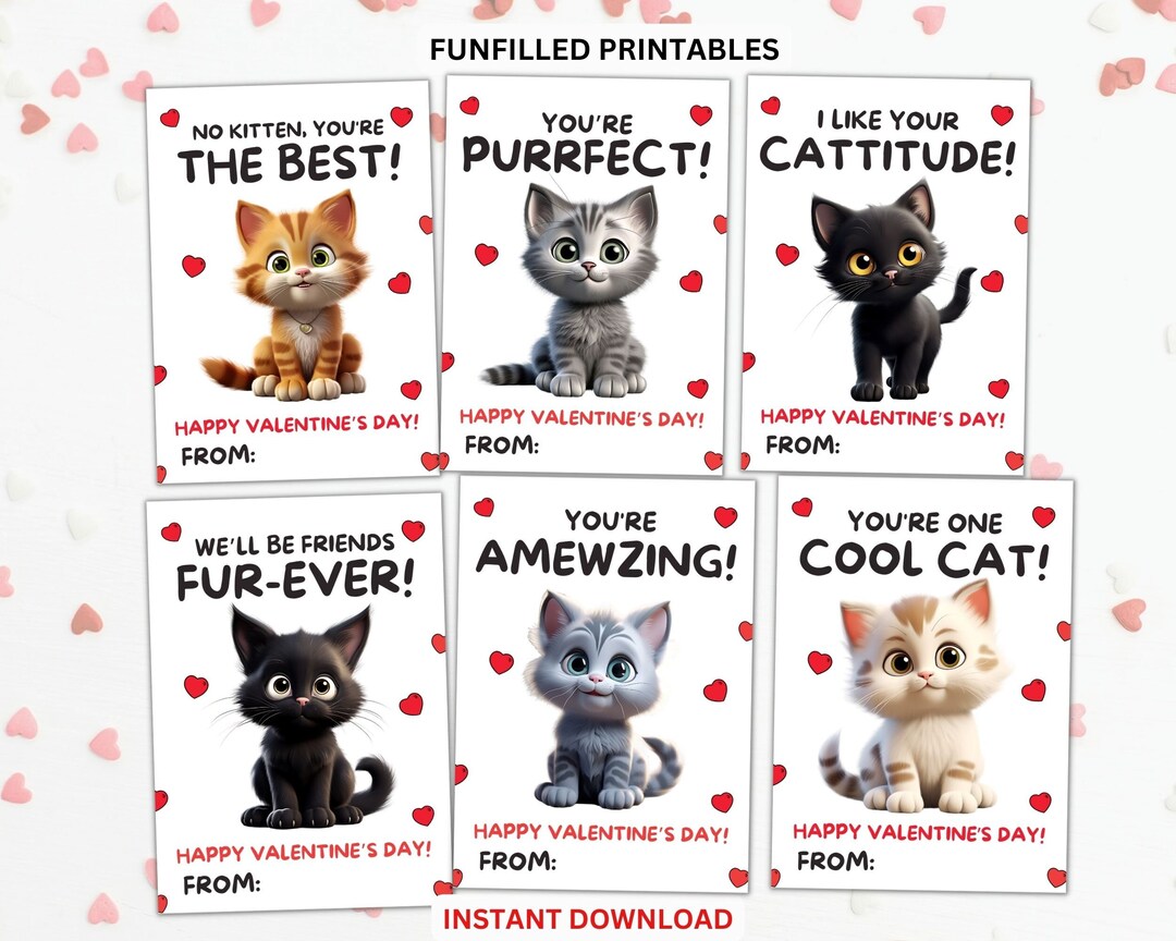 Kitten Valentines Card, Cat Valentines Cards for Kids, Classroom ...