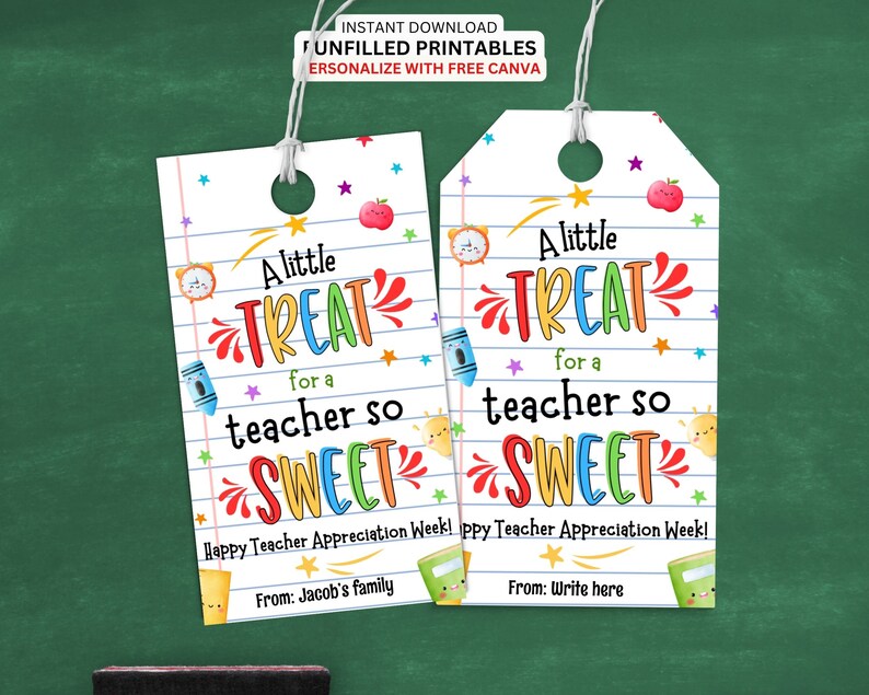 Sweet Treat Teacher Appreciation Tags, Teacher Thank You Tags, Teacher ...