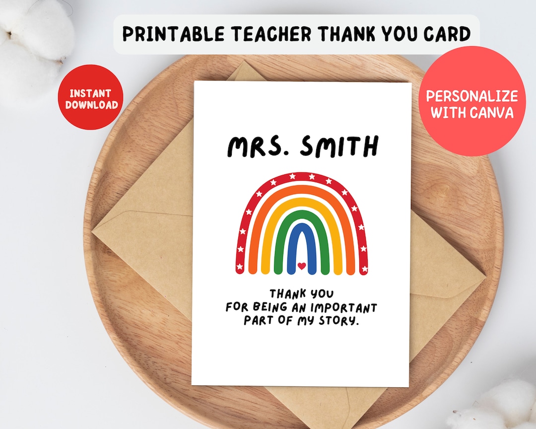 Editable Teacher Thank You Card, Teacher Appreciation Card, Cute ...