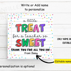 Teacher Sweet Treat Tag, Teacher Appreciation Tag, Thank You Teacher ...