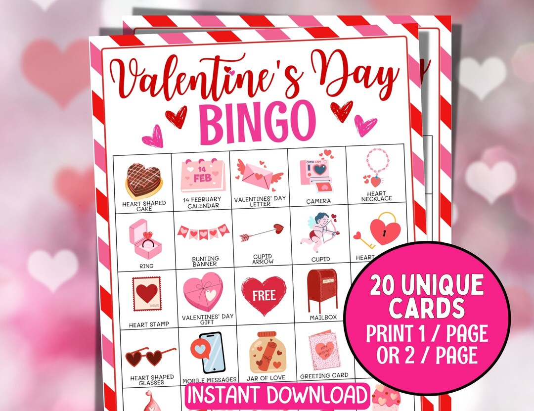 20 Valentines Day Bingo Cards, Valentines Bingo for Kids, Printable ...
